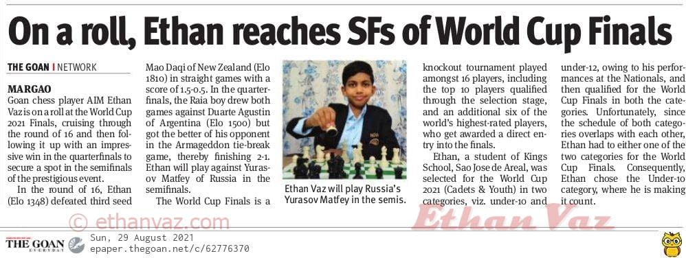 Chess World Cup 2021: Ethan enters Semi Finals - Ethan Vaz